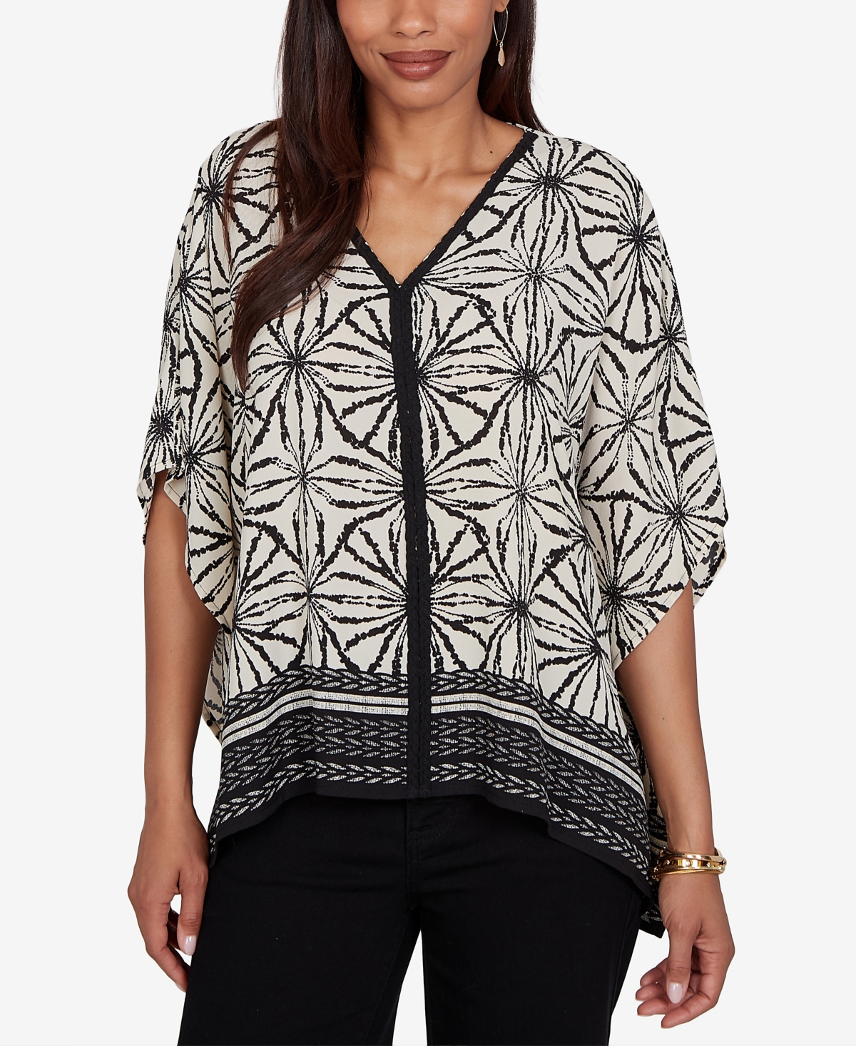 Click here for Ruby Rd. Petite Geo Border Print Crepe Blouse - Bl... prices