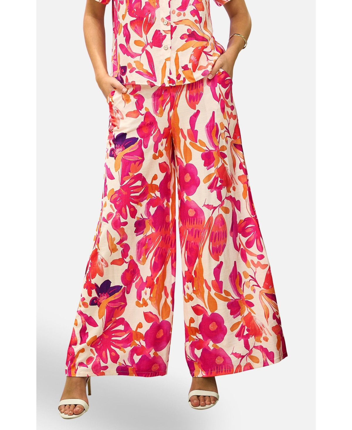 Click here for Yumi Womens Abstract Floral Wide Leg Trousers - Pi... prices