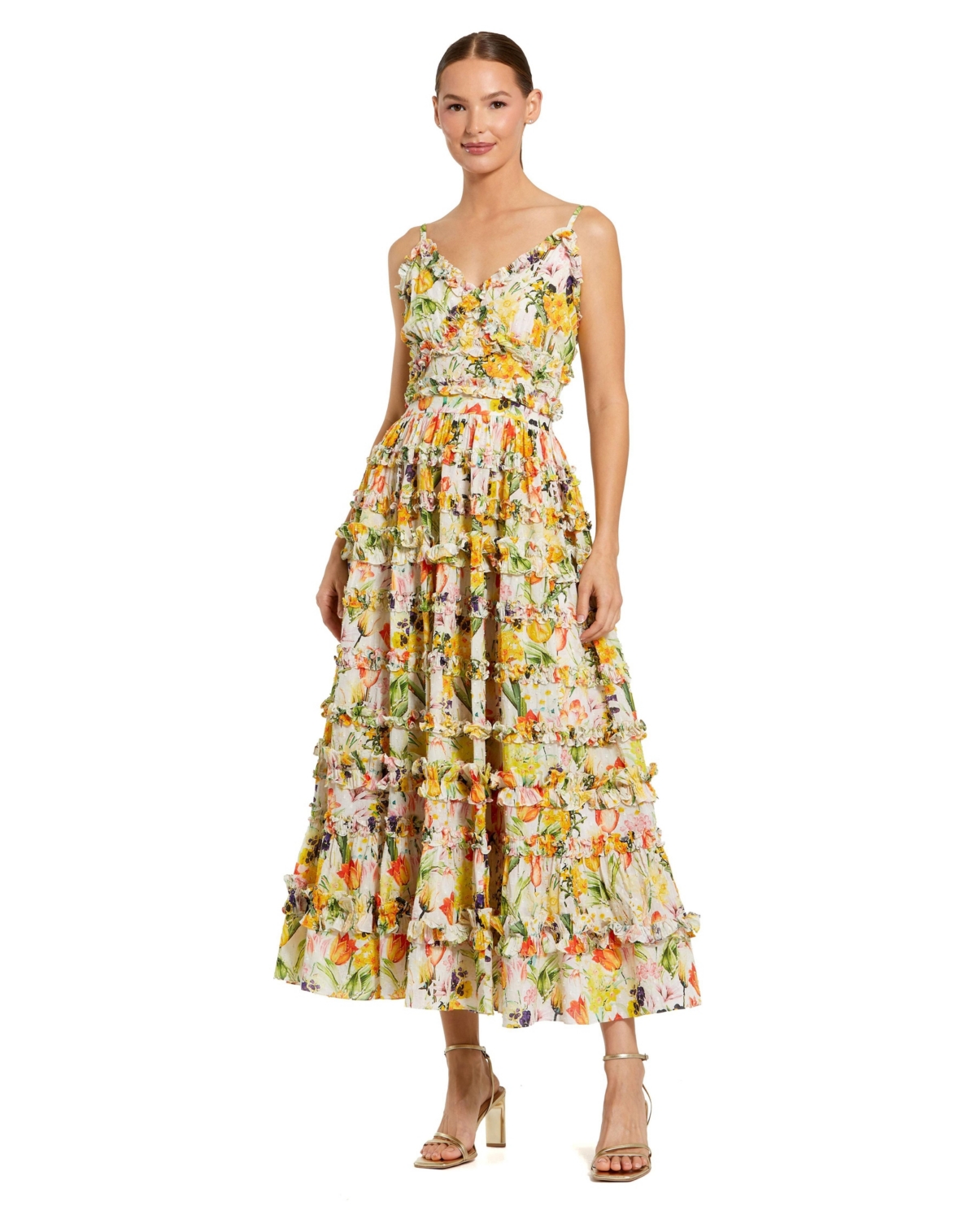 Click here for Mac Duggal Womens Floral Print Tiered Ruffle Midi... prices