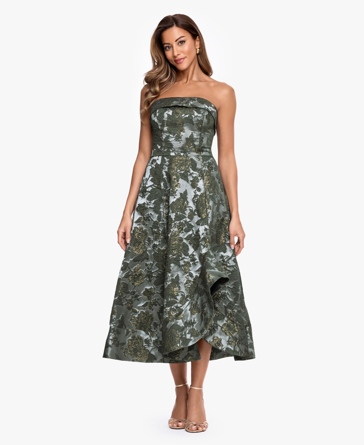 Click here for Xscape Womens Strapless Brocade Asymmetrical Hem M... prices