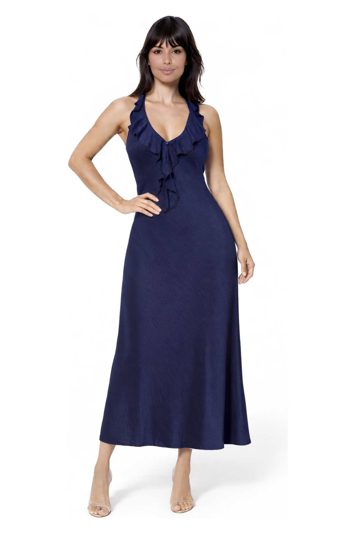 Click here for Bebe Womens Crushed Satin Ruffle Halter Maxi Dress... prices