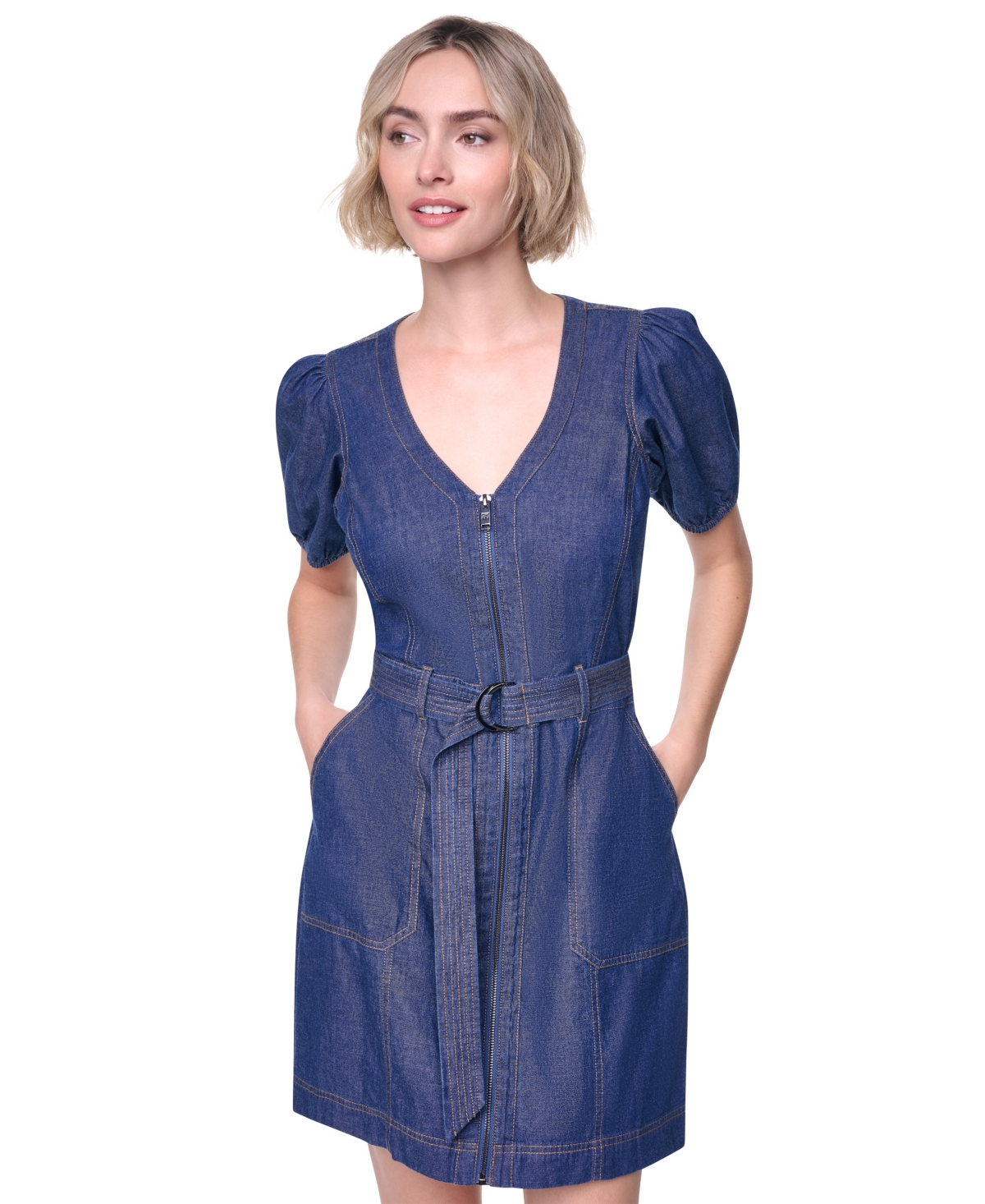 Click here for Dkny Womens Puff-Sleeve Belted V-Neck Dress - Cros... prices