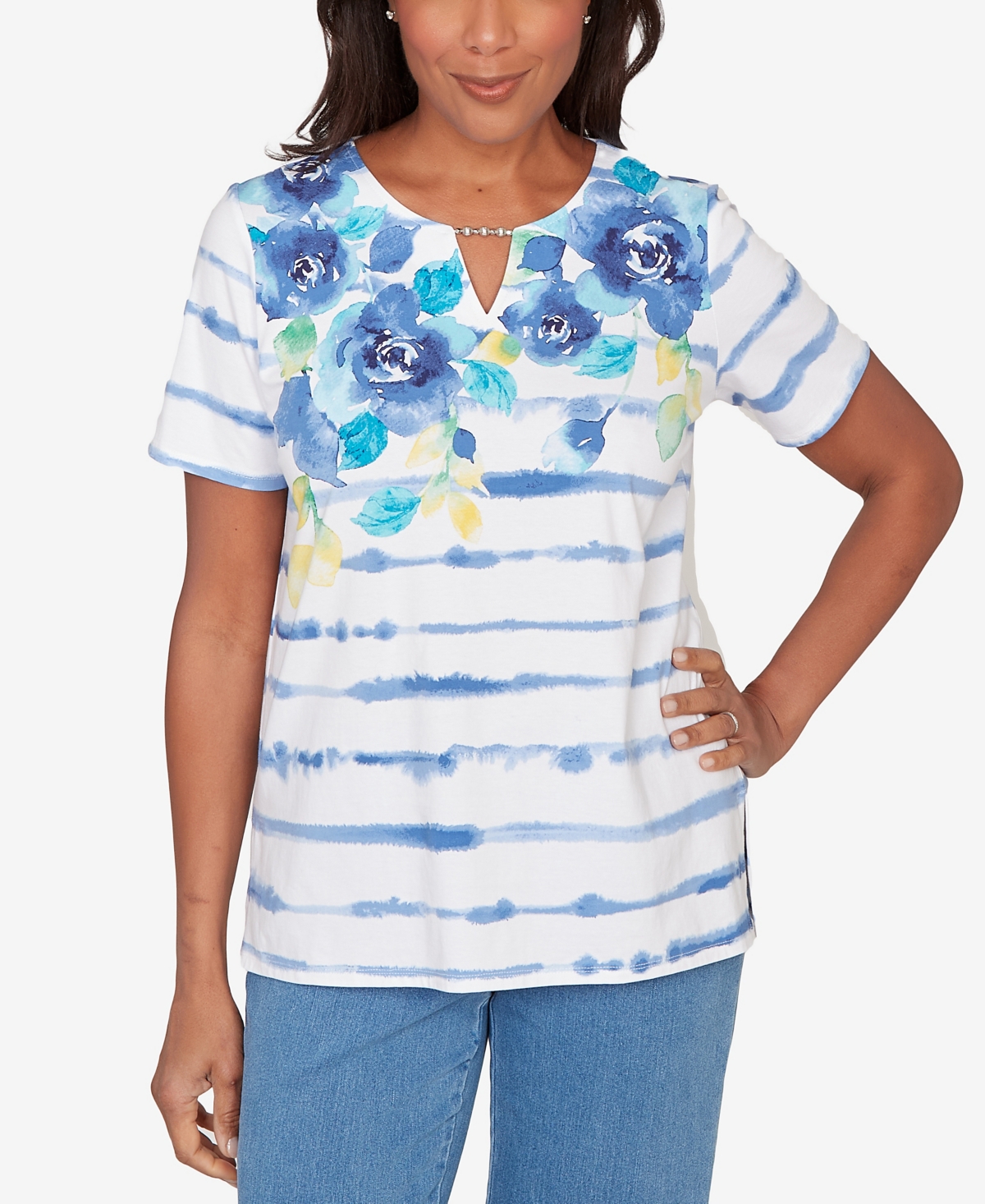 Click here for Alfred Dunner Petite Striped Floral Split Neck Top... prices