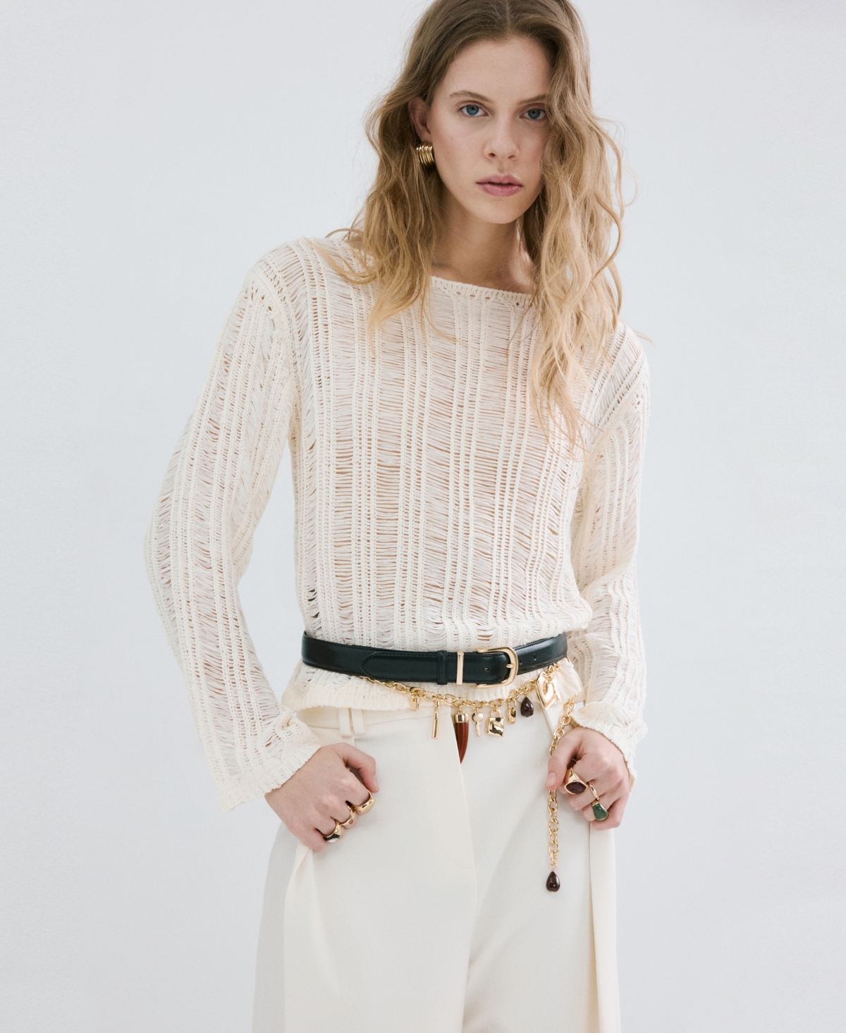 Click here for Mango Womens Frayed Open-Knit Sweater - Ecru prices
