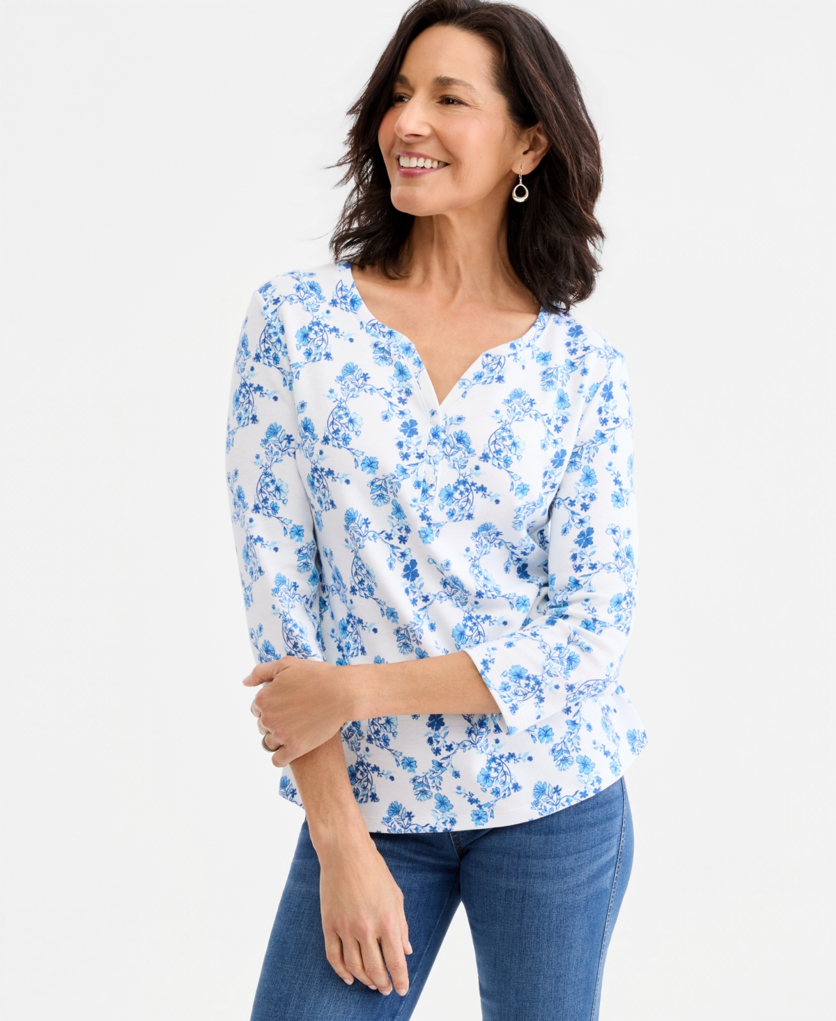 Click here for Style & Co Womens Printed 3/4-Sleeve Henley Top  M... prices
