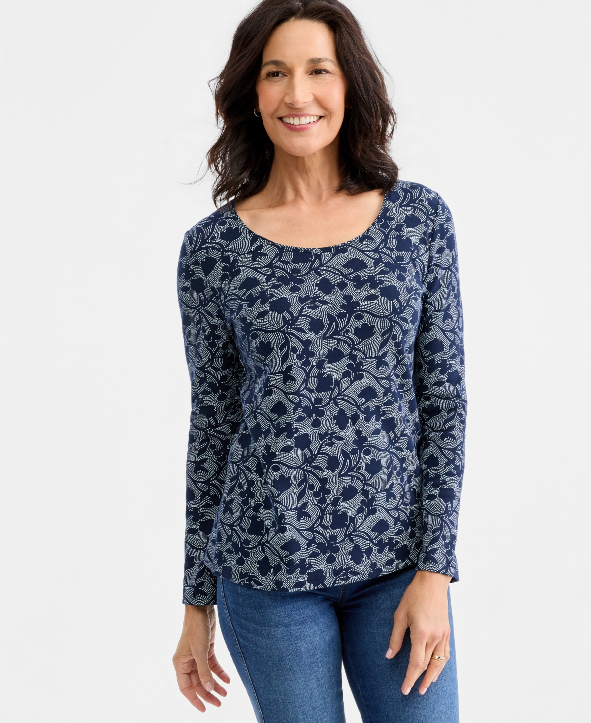 Click here for Style & Co Womens Printed Long-Sleeve Scoop-Neck T... prices