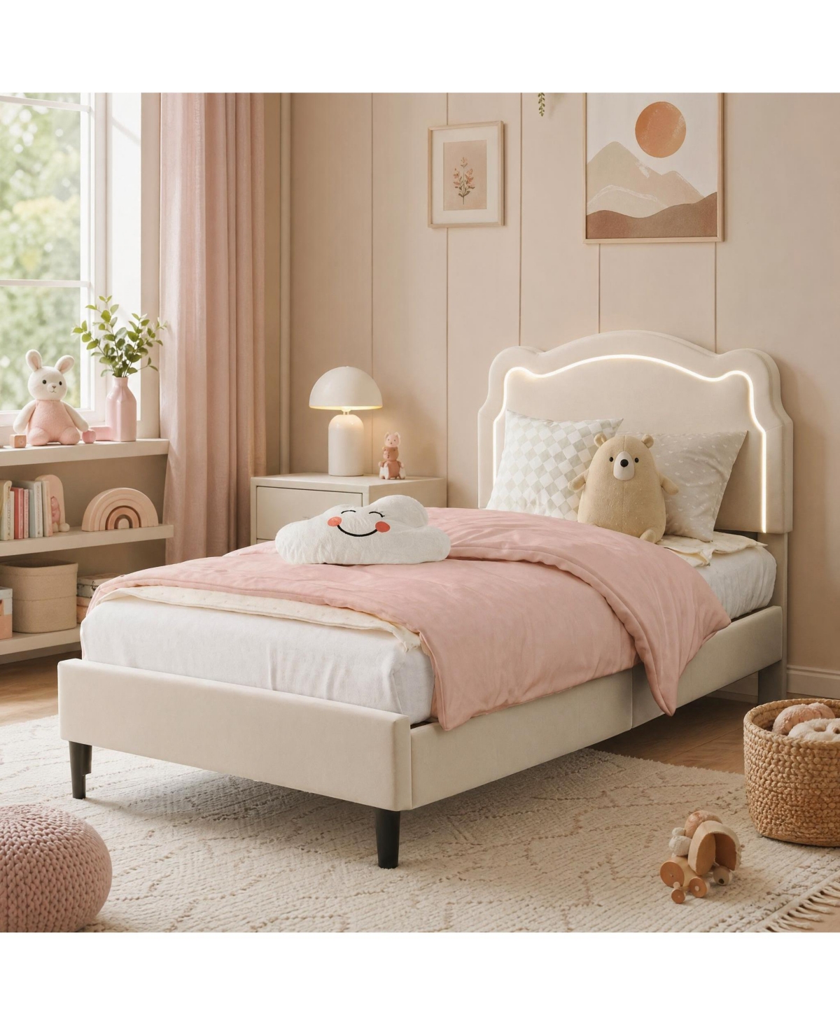 Click here for homfan Kids Upholstered Platform Bed with Bear-Sha... prices