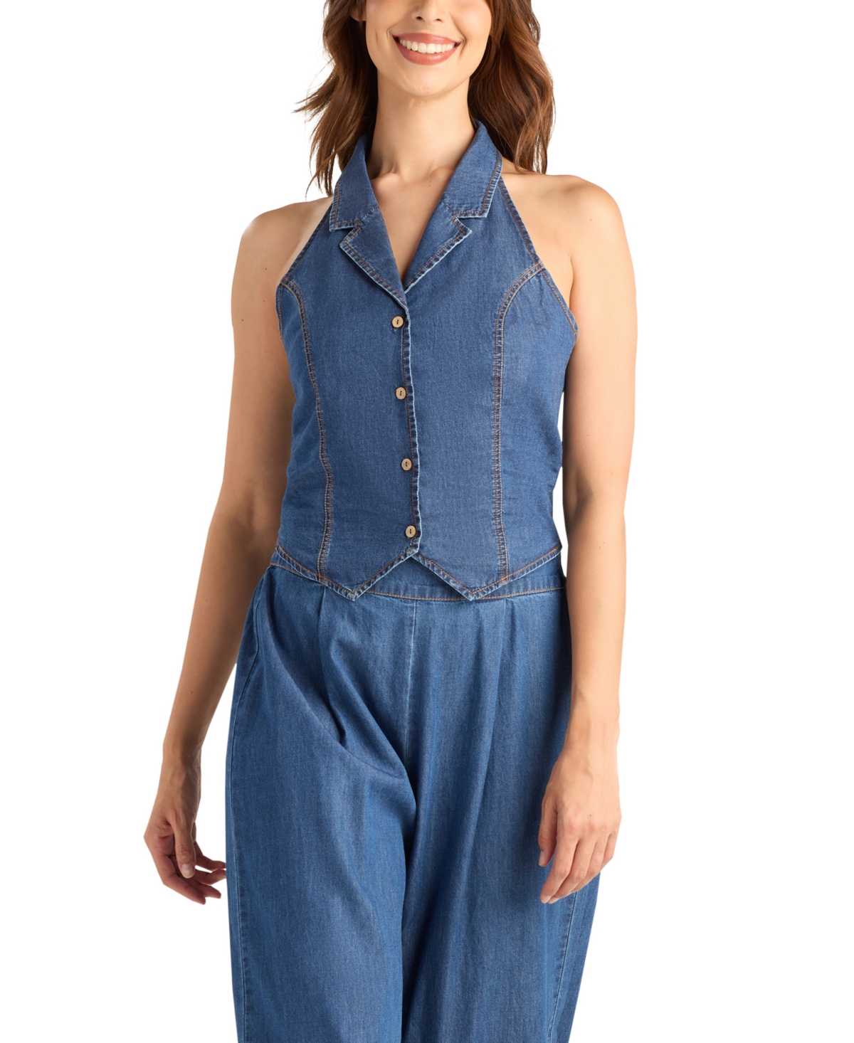 Click here for Bcx Womens Denim Sleeveless Button-Front Vest - De... prices