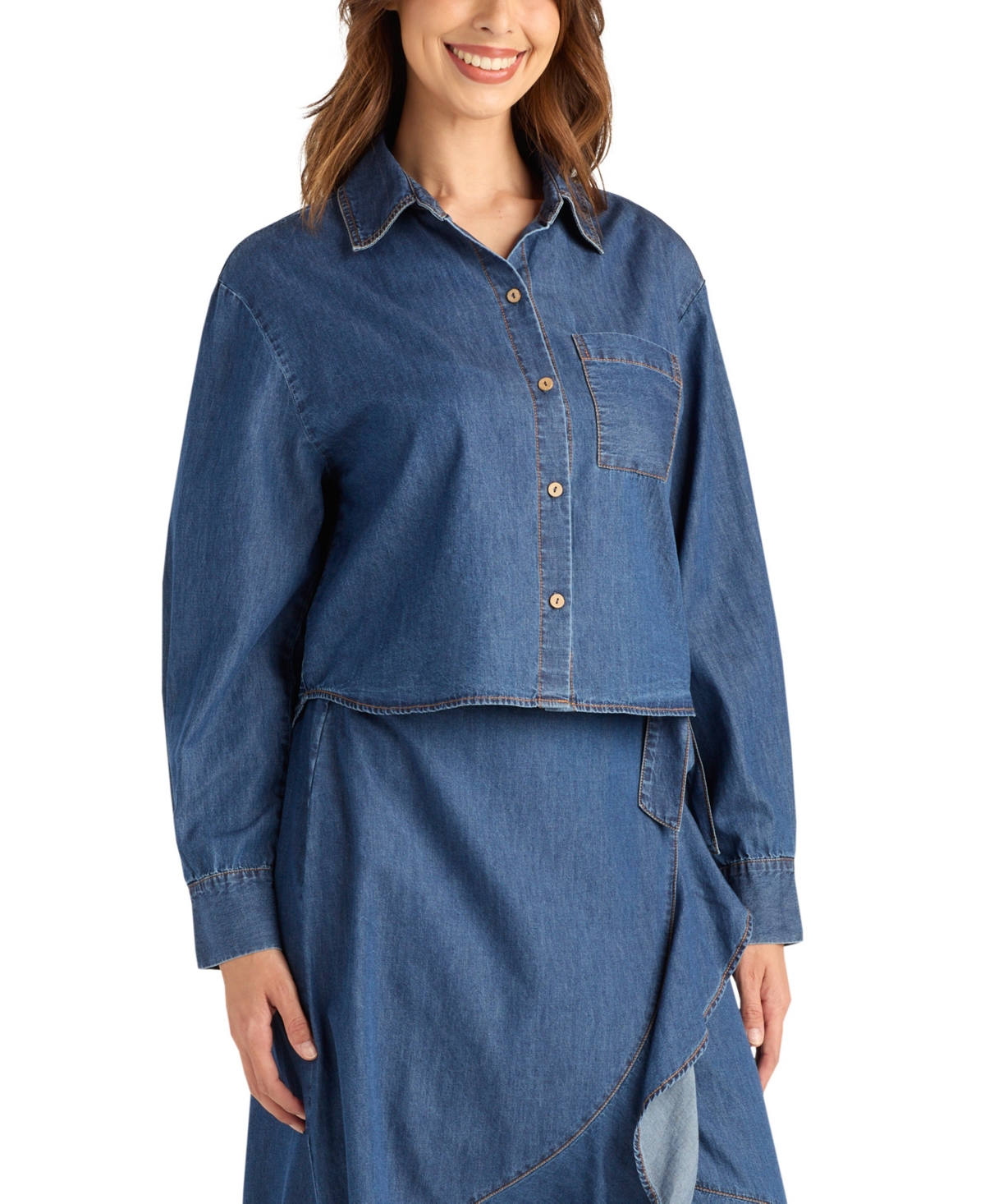 Click here for Bcx Womens Denim Long-Sleeve Collared Crop Top - D... prices
