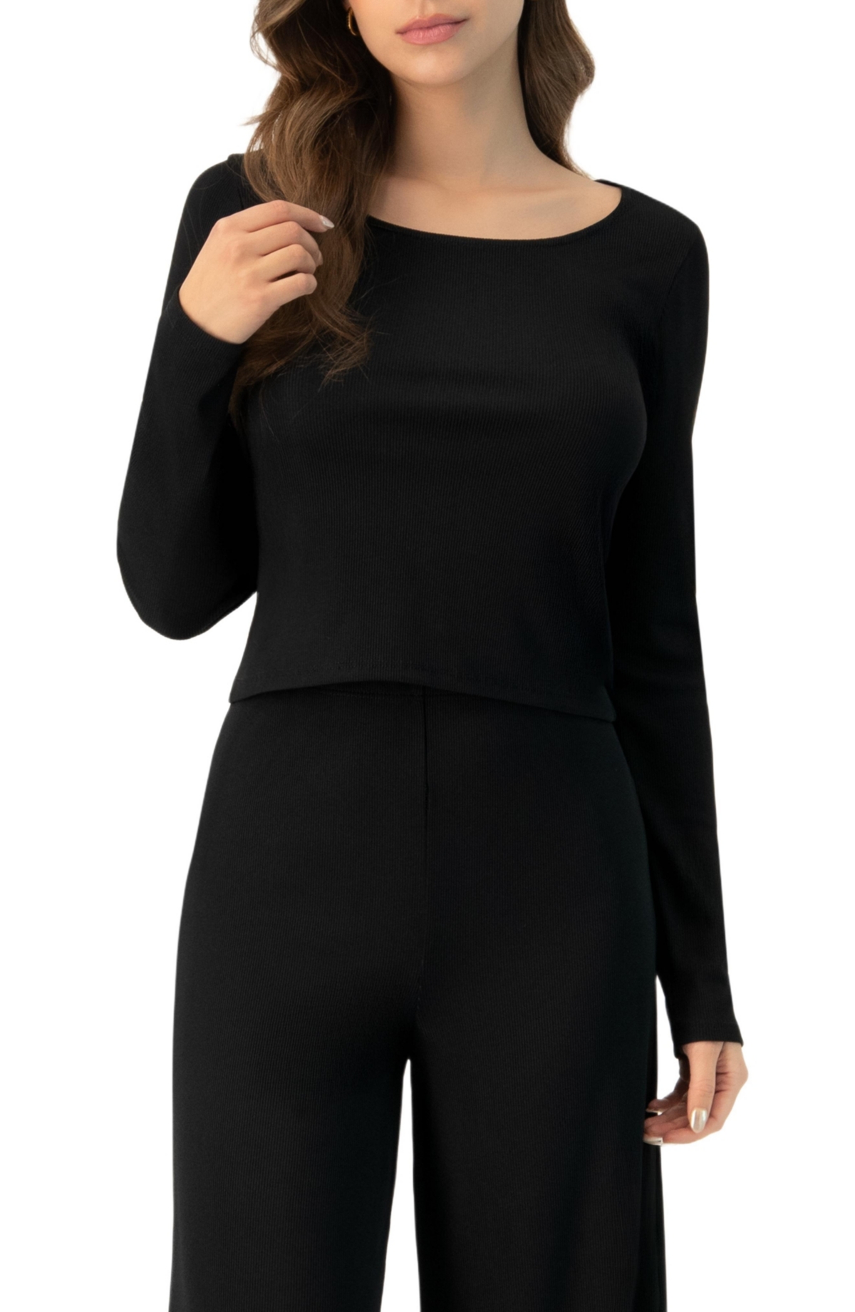 Click here for Ivonne Womens Ribbed Long Sleeve Crop Top - Black prices