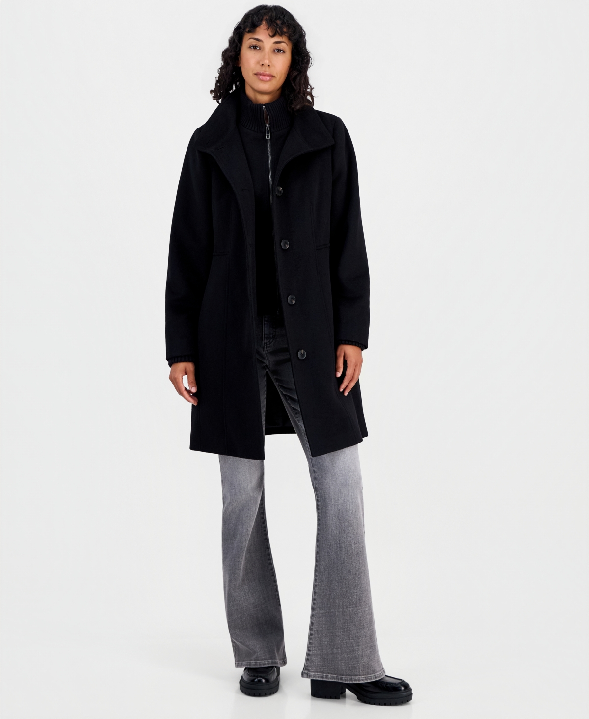 Click here for Calvin Klein Womens Knit Bibbed Walker Coat - Blac... prices