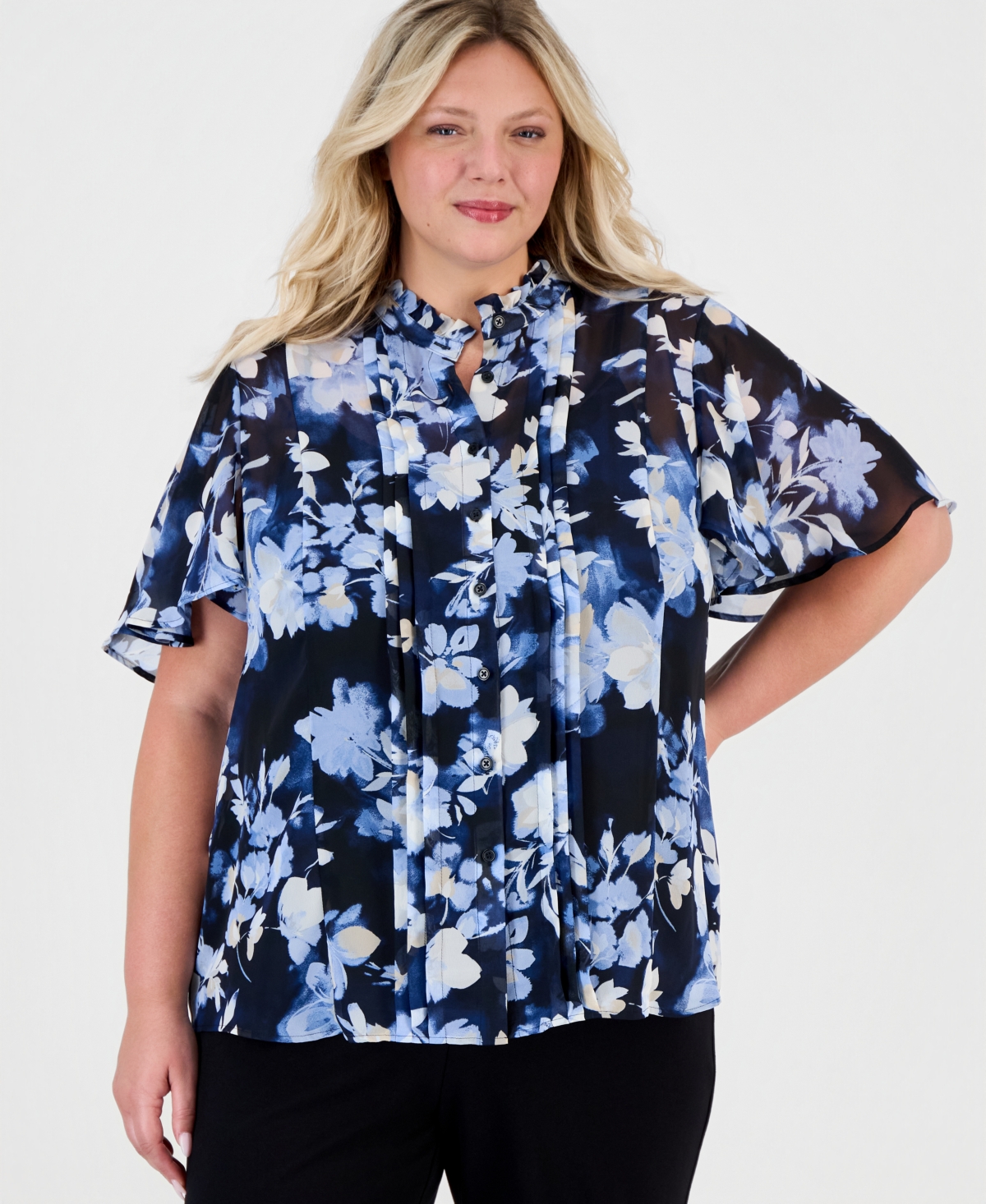 Click here for Anne Klein Plus Size Pleated-Placket Flutter-Sleev... prices