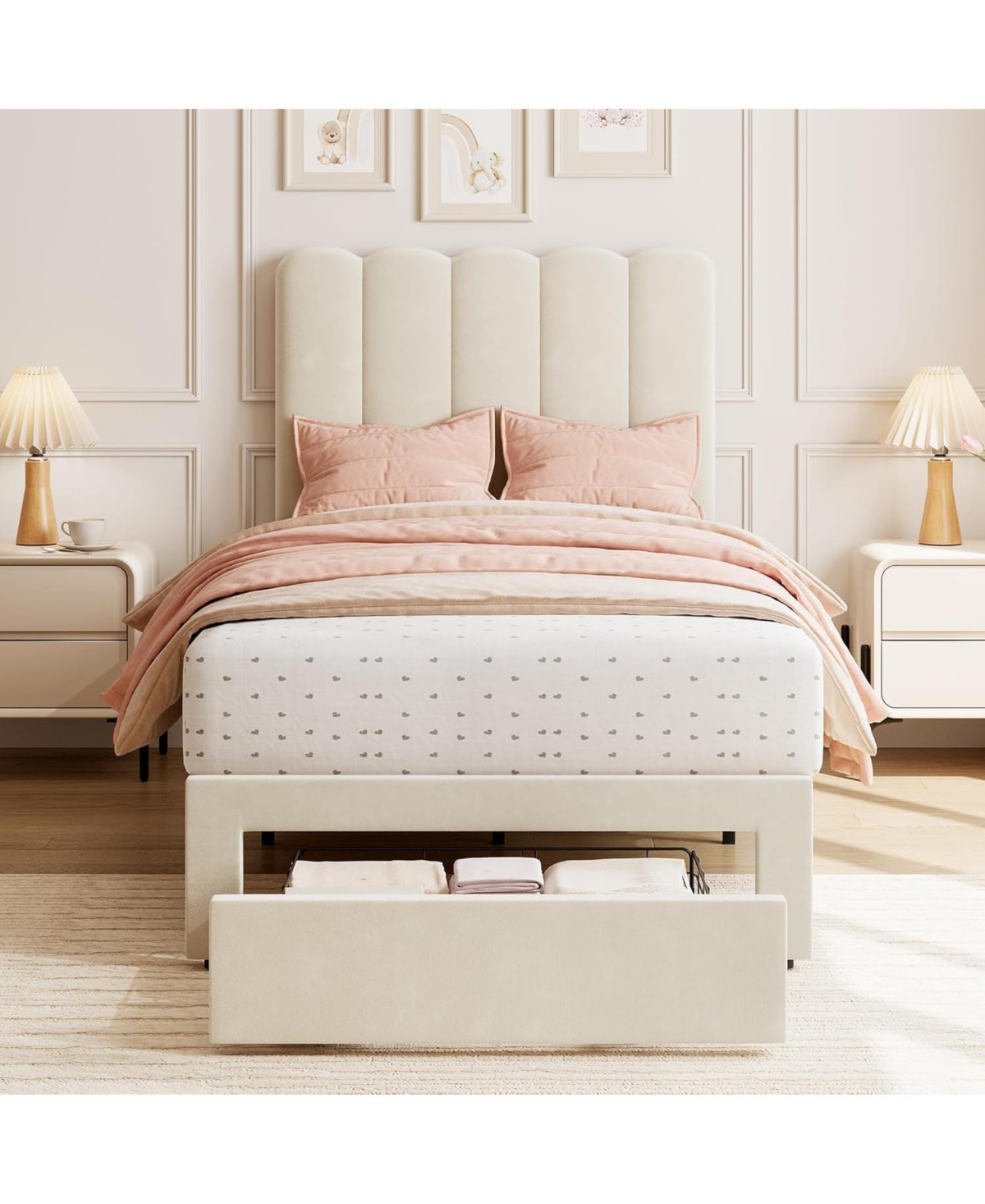 Click here for gaomon Velvet Platform Bed with Drawer  Wave Headb... prices