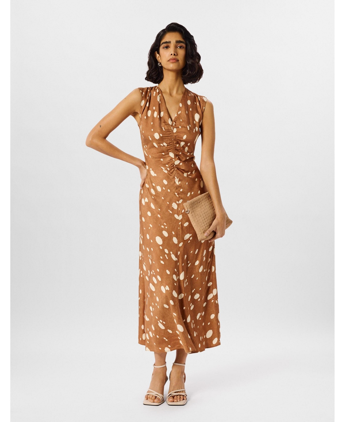 Click here for Whistles Womens Deer Spot Viscose Midi Dress - Bro... prices