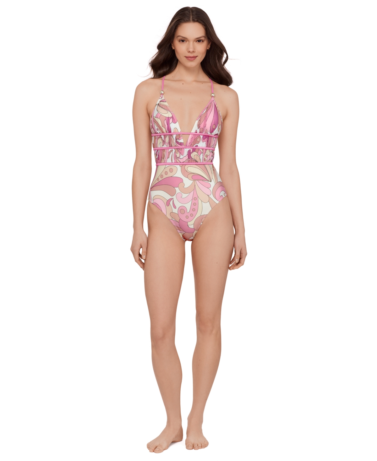 Click here for Steve Madden Womens Ruched Lace Back One-Piece Swi... prices