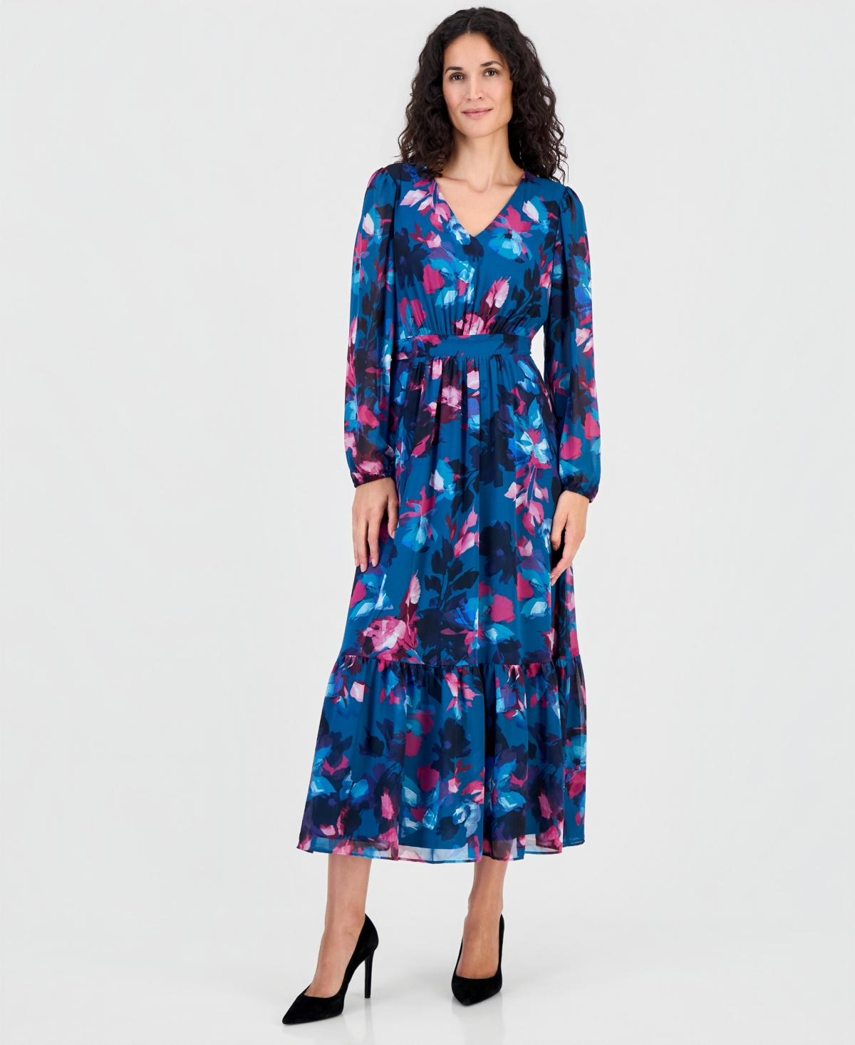 Click here for Kasper Womens Floral Balloon-Sleeve Smocked-Back M... prices