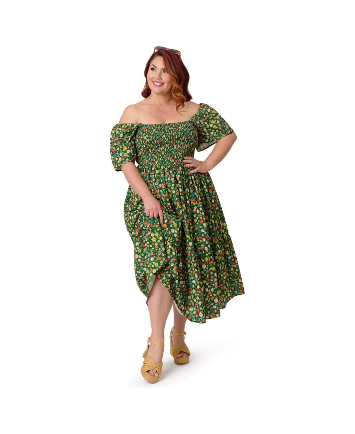 Click here for Unique Vintage Plus Size Smocked Bodice Midi Dress... prices