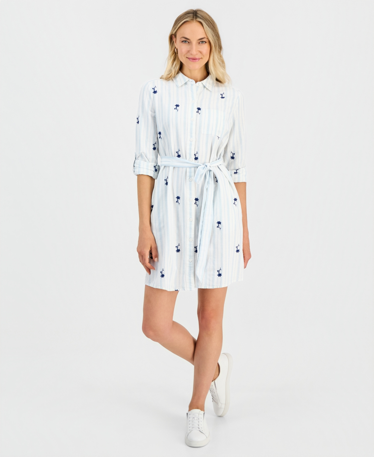 Click here for Style & Co Womens Printed Roll-Sleeve Shirtdress... prices