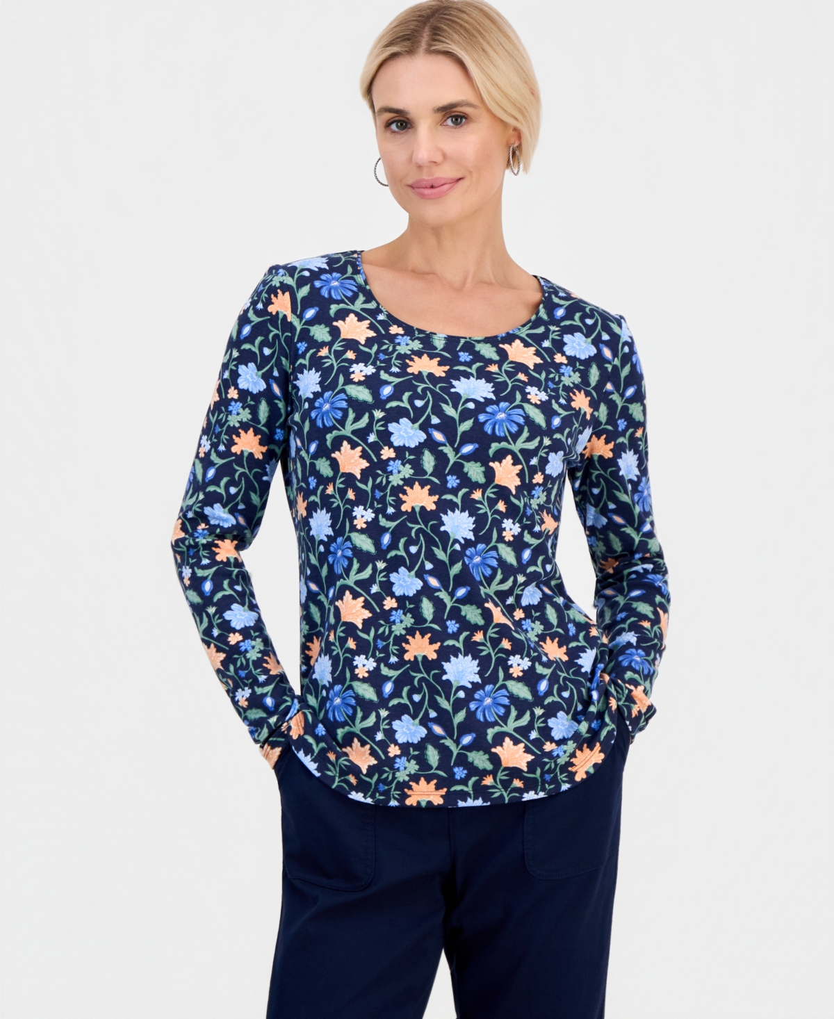 Click here for Style & Co Petite Soft Flora Scoop-Neck Long-Sleev... prices