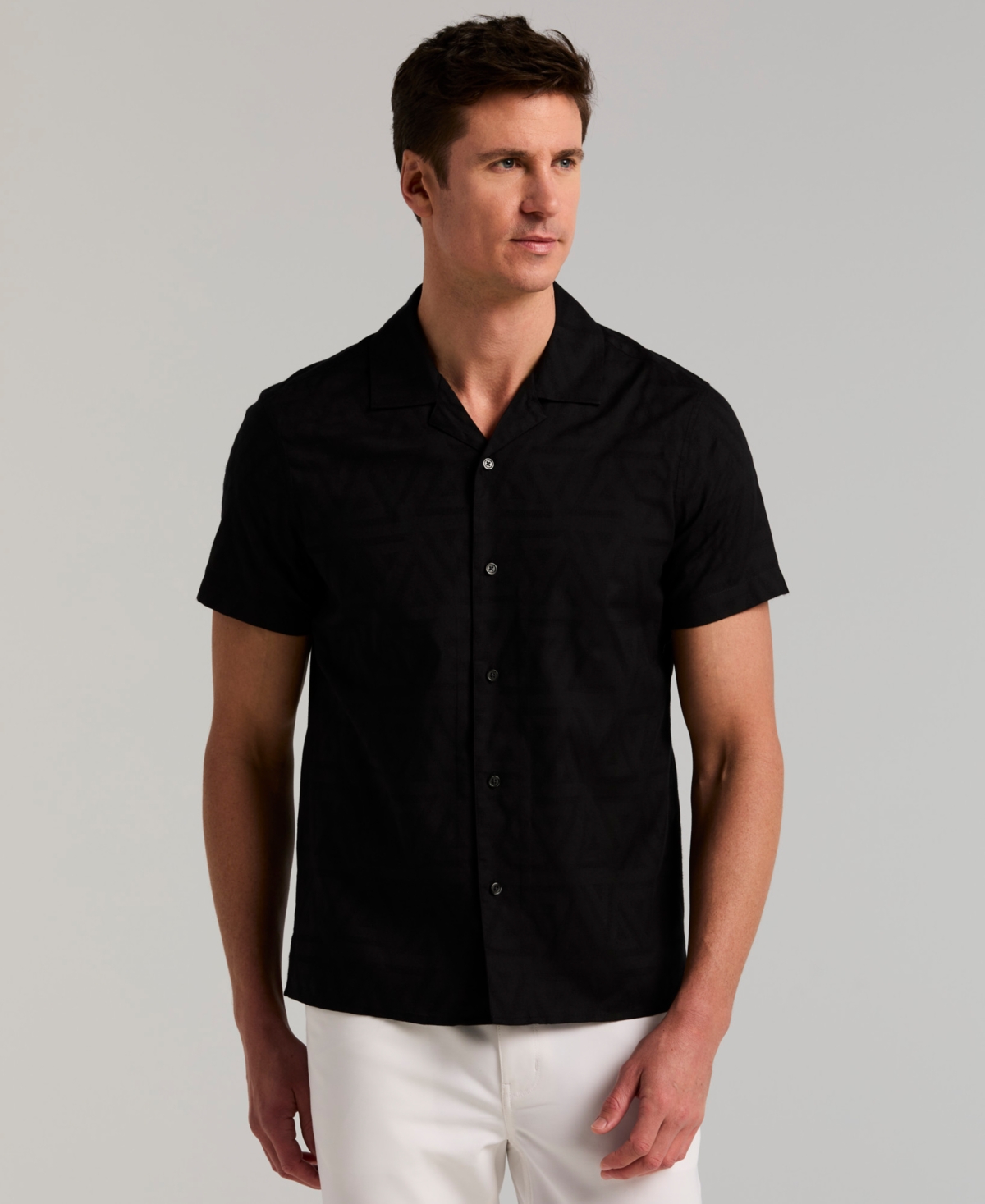 Click here for Perry Ellis Mens Jacquard Novelty Camp Shirt - Bla... prices
