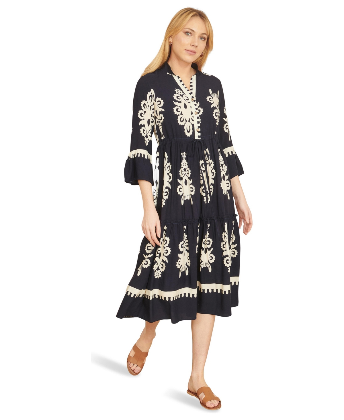 Click here for Yumi Womens Viscose Floral Midi Dress - Navy prices