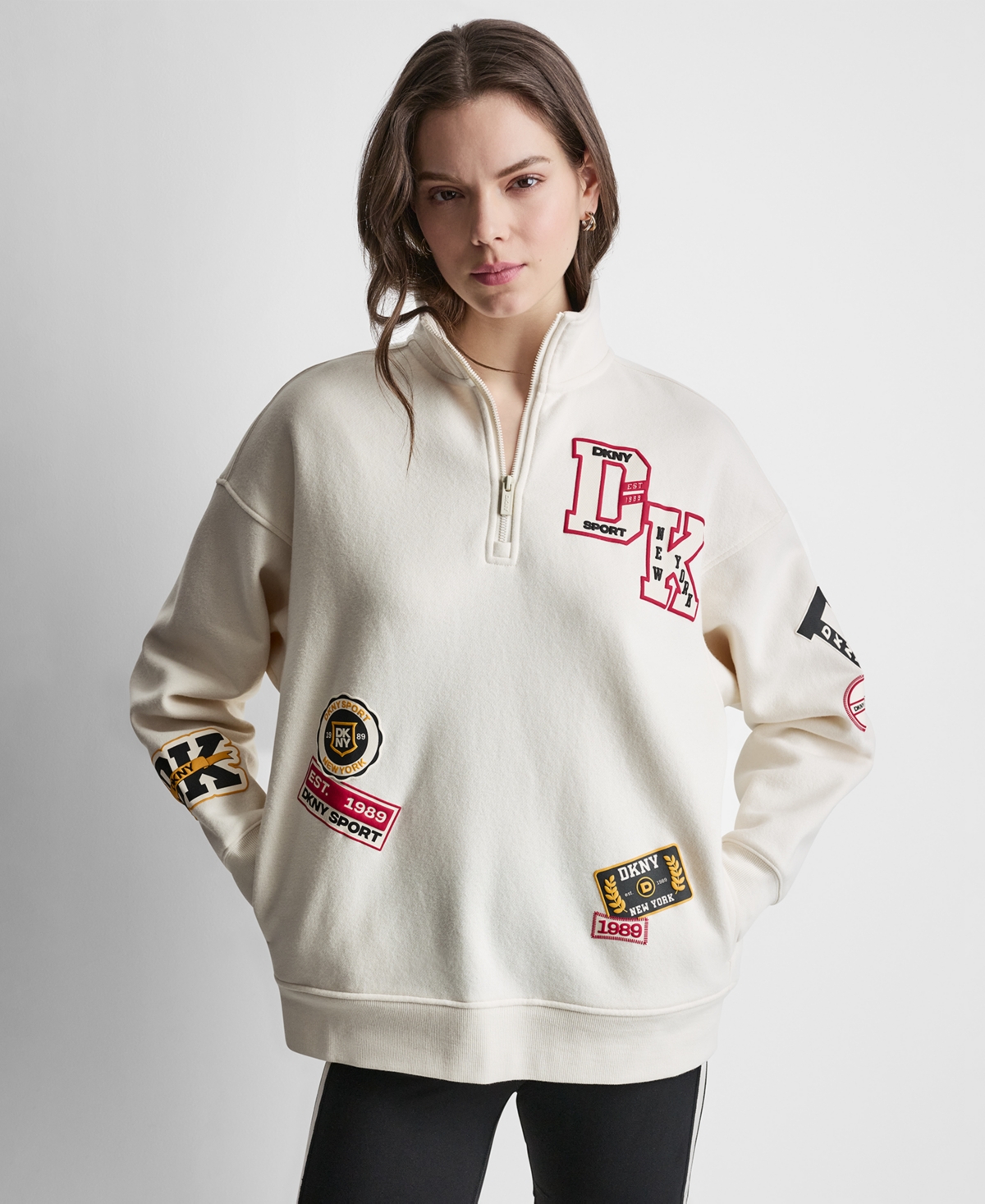 Click here for Dkny Sport Womens Campus Patch Quarter-Zip Sweatsh... prices