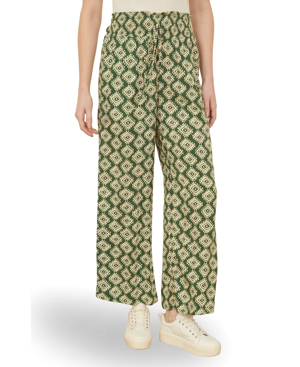 Click here for Yumi Womens Geo Print Relaxed Fit Trousers - Green prices