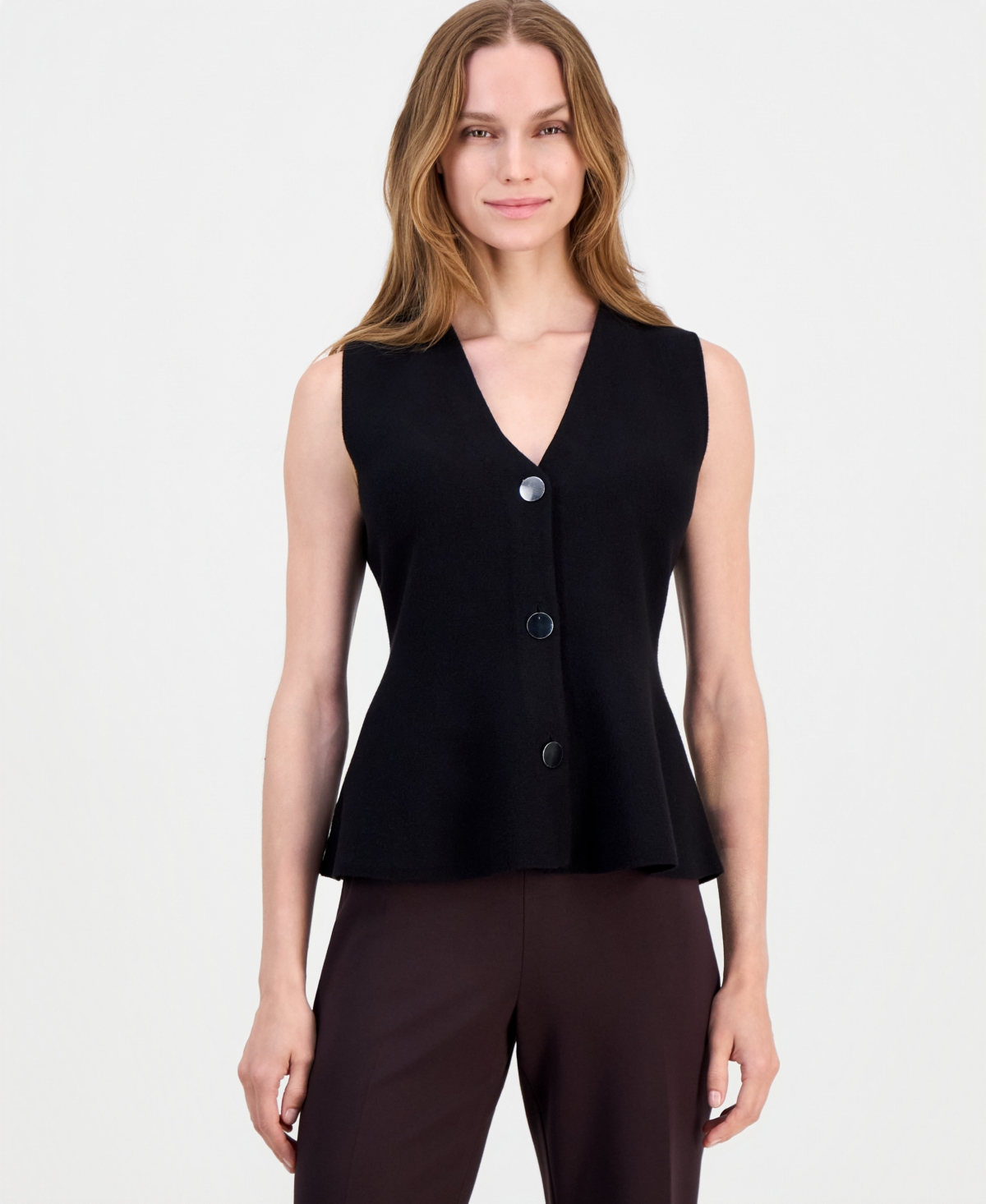 Click here for Anne Klein Womens V-Neck Button-Front Peplum Vest... prices