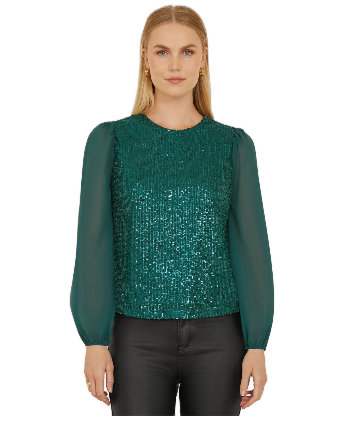 Click here for Yumi Womens Sheer Sleeve Sequin Top - Green prices