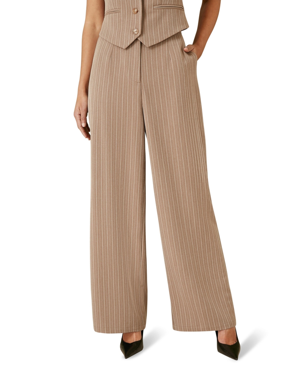 Click here for Yumi Womens Pinstripe Wide Leg Trousers - Brown prices