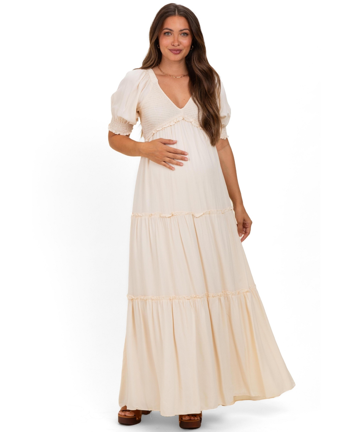 Click here for Pinkblush Maternity Cream V-Neck Smocked Tiered Ma... prices