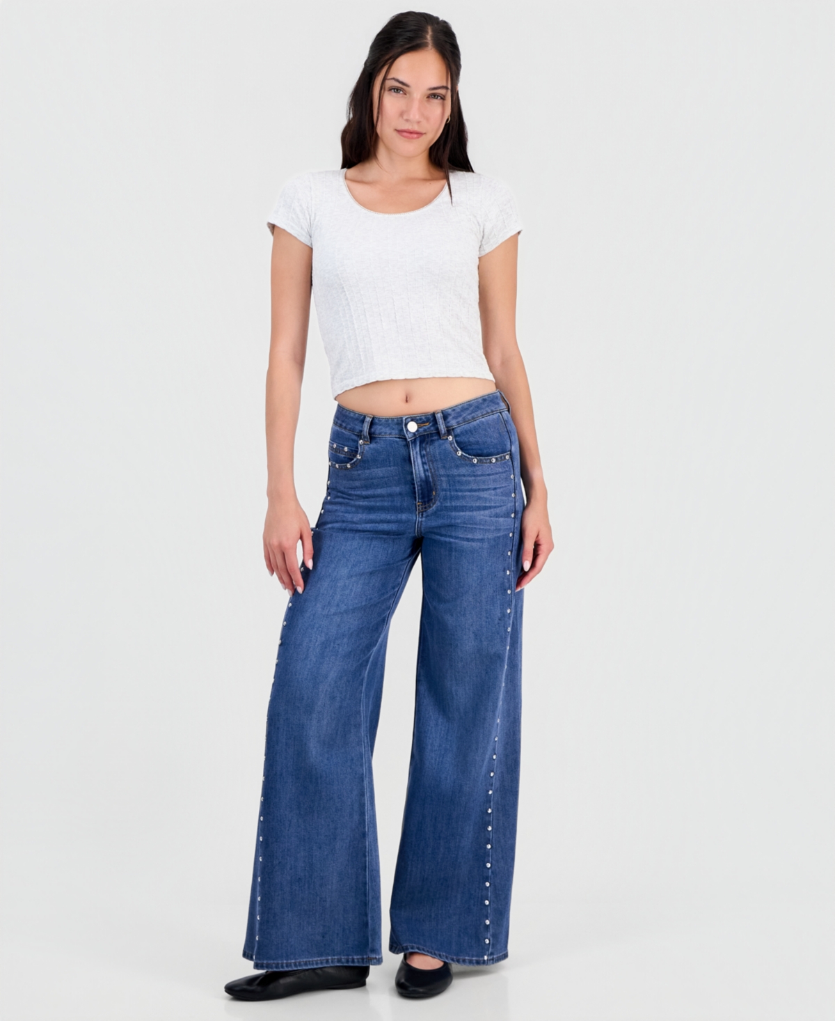 Click here for Indigo Rein Juniors Studded High-Rise Wide-Leg Jea... prices