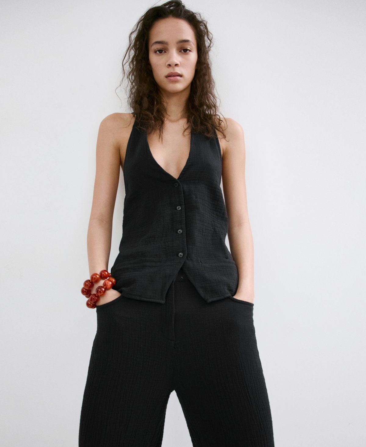 Click here for Mango Womens Buttons Halter-Neck Top - Black prices