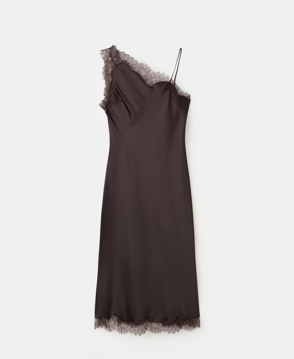 Click here for Mango Womens Asymmetrical Satin Lace Dress - Choco... prices