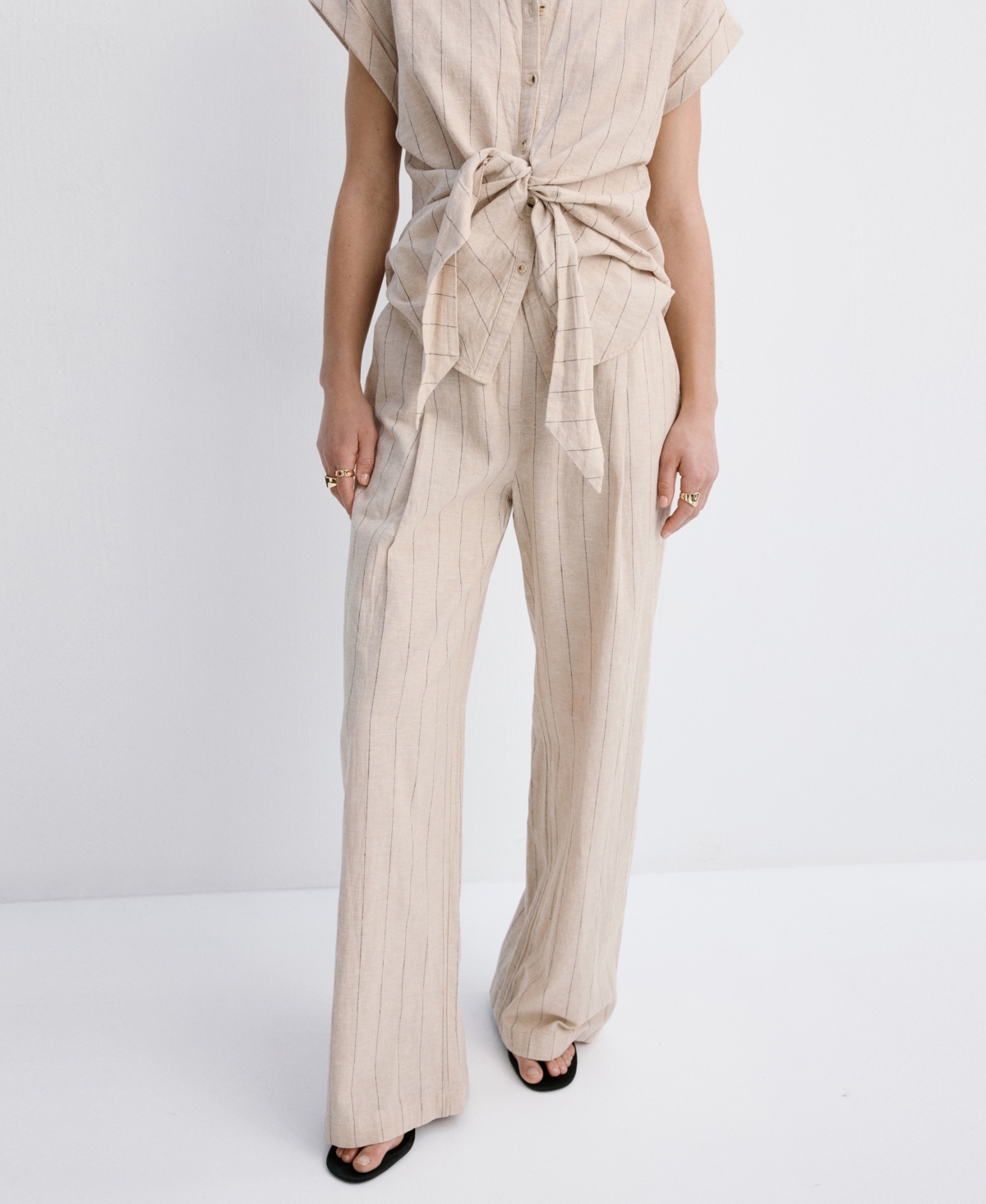 Click here for Mango Womens Pinstripe Linen Pants - Brown prices