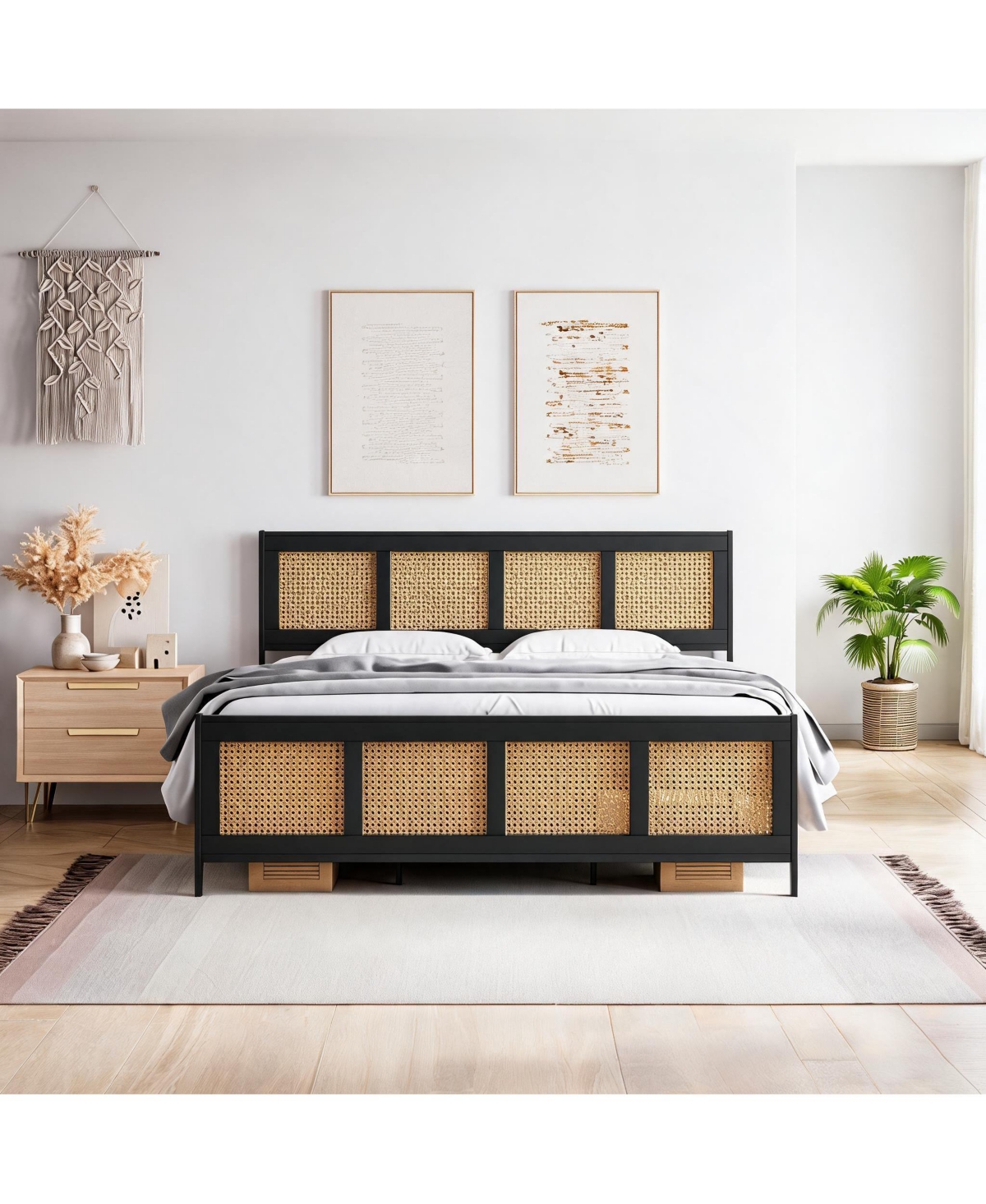 Click here for homfan Bed Frame with Rattan Headboard and Footboa... prices