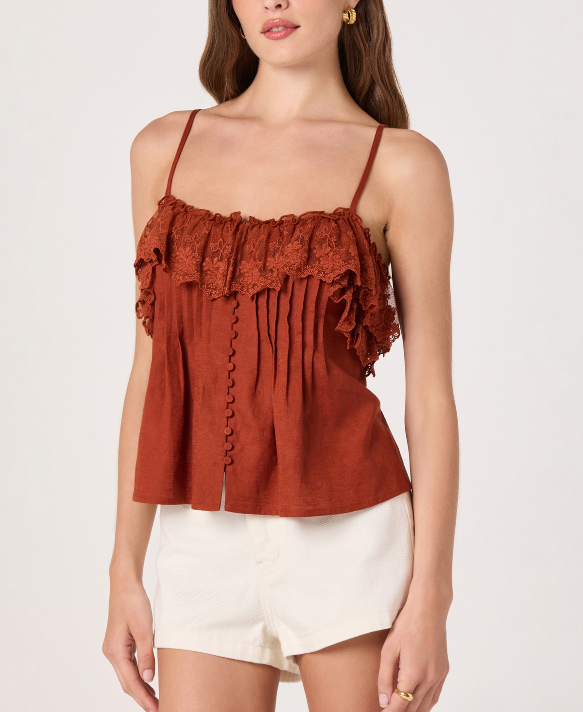 Click here for Astr the Label Womens Ruffled Lace Trim Straight N... prices