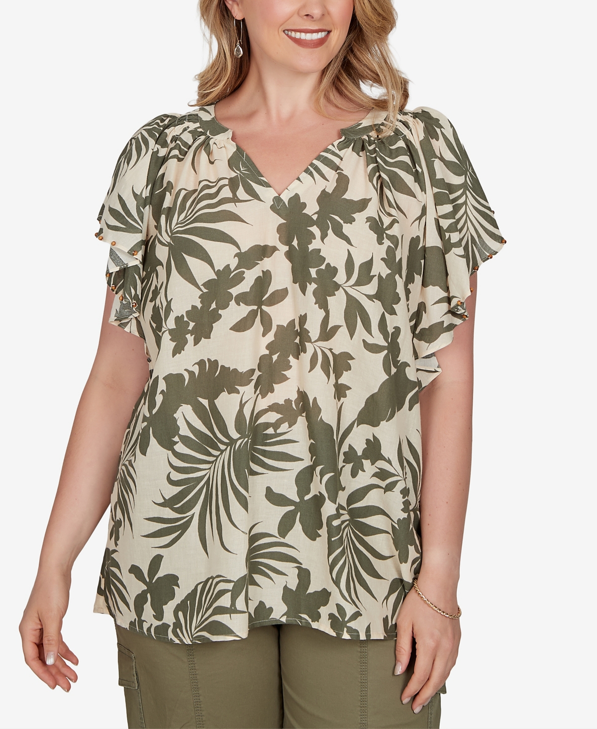 Plus Size Ruby Rd. Sedona Escape Flutter Sleeve Tropical Blouse
