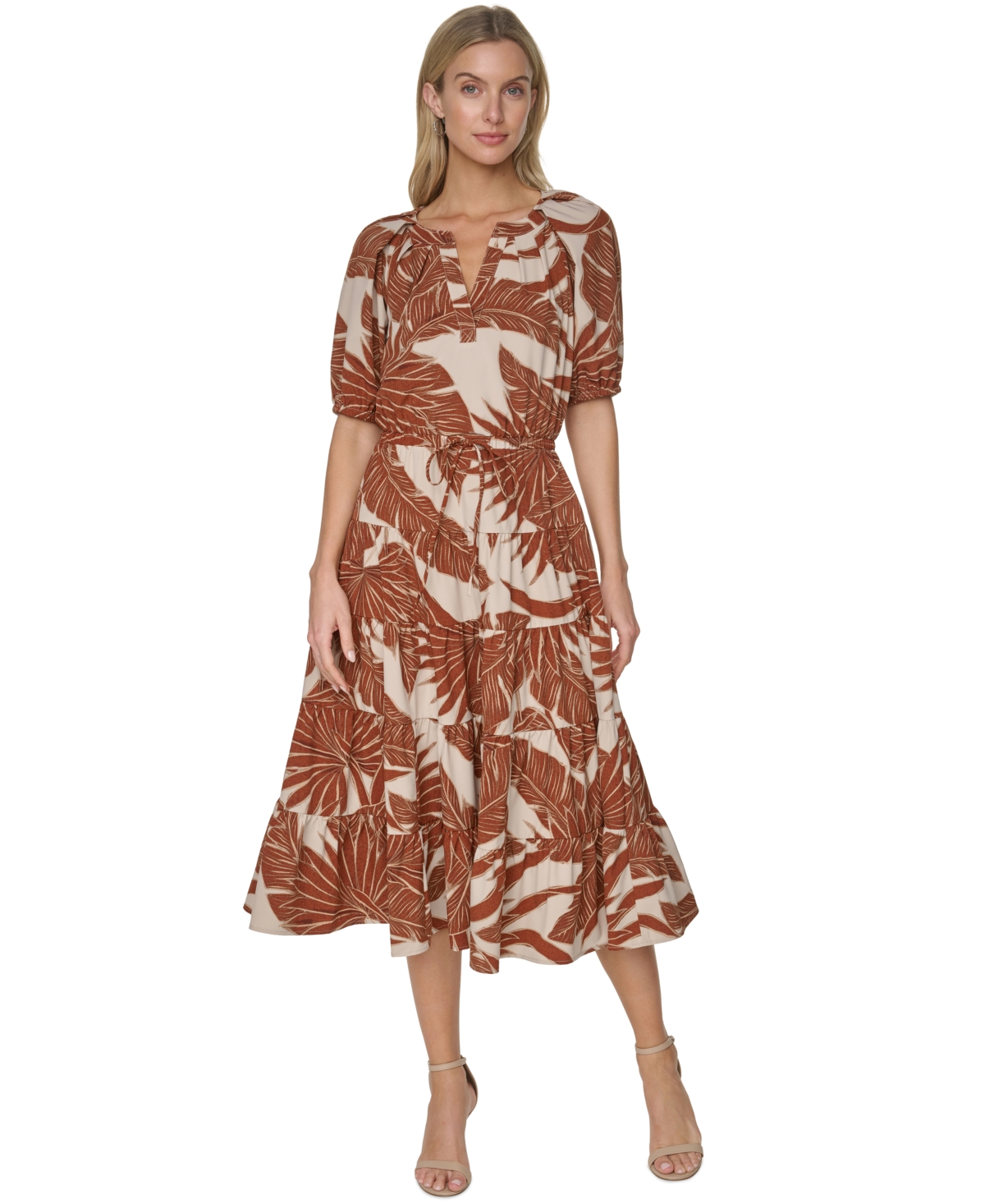 Click here for Calvin Klein Womens Puff-Sleeve Floral Tiered Midi... prices