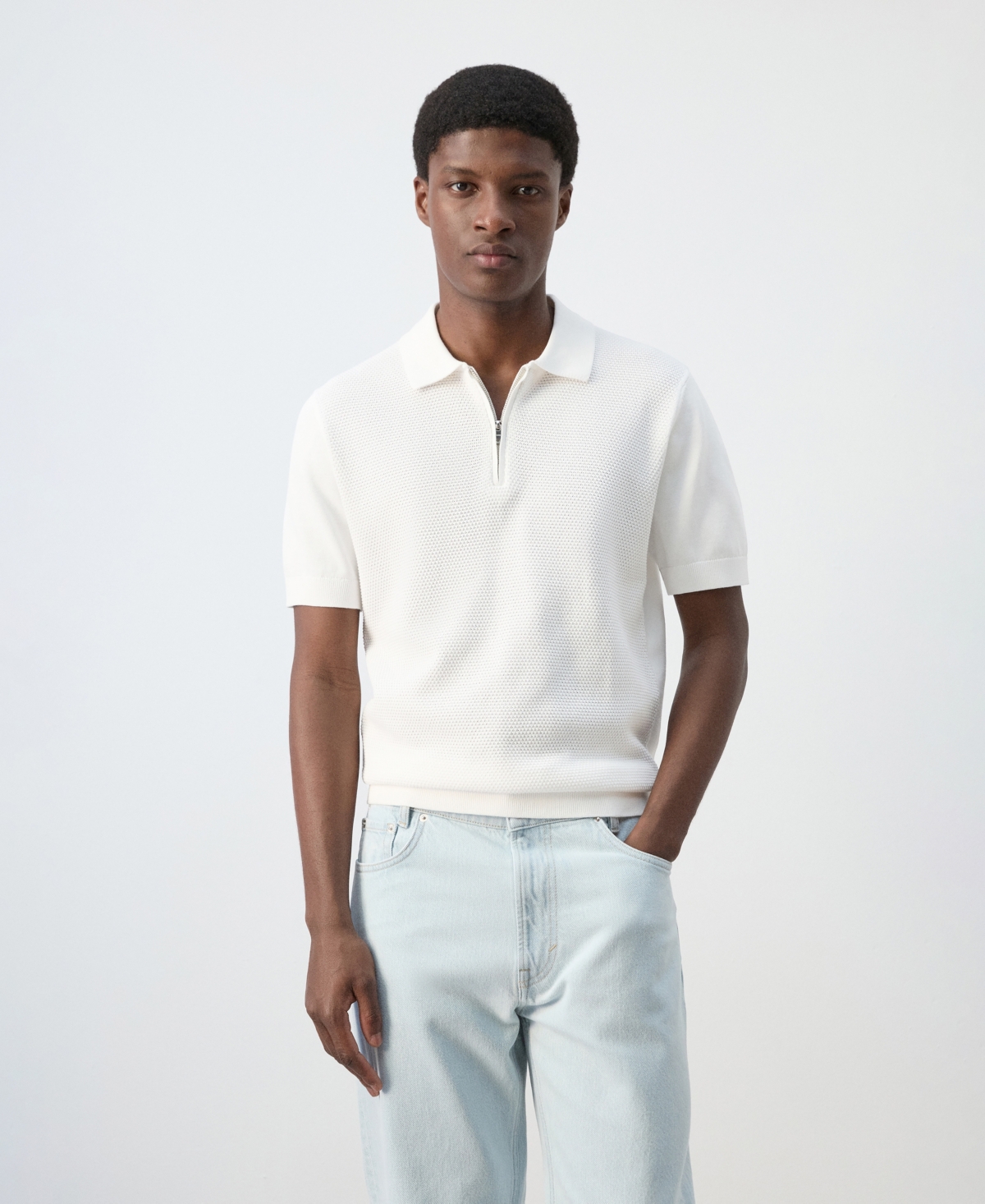 Click here for Mango Mens Zipper Knitted Polo Shirt - Ivory White prices