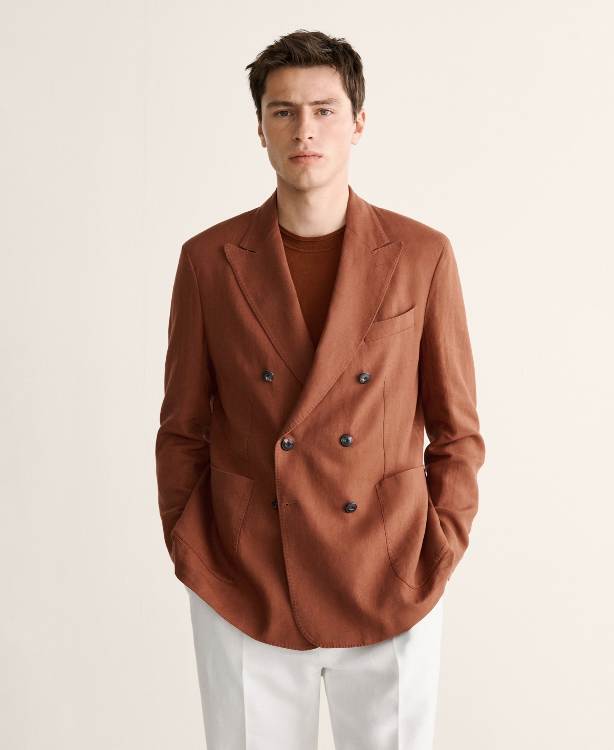 Click here for Mango Mens Slim-Fit Double-Breasted Linen-Blend Bl... prices