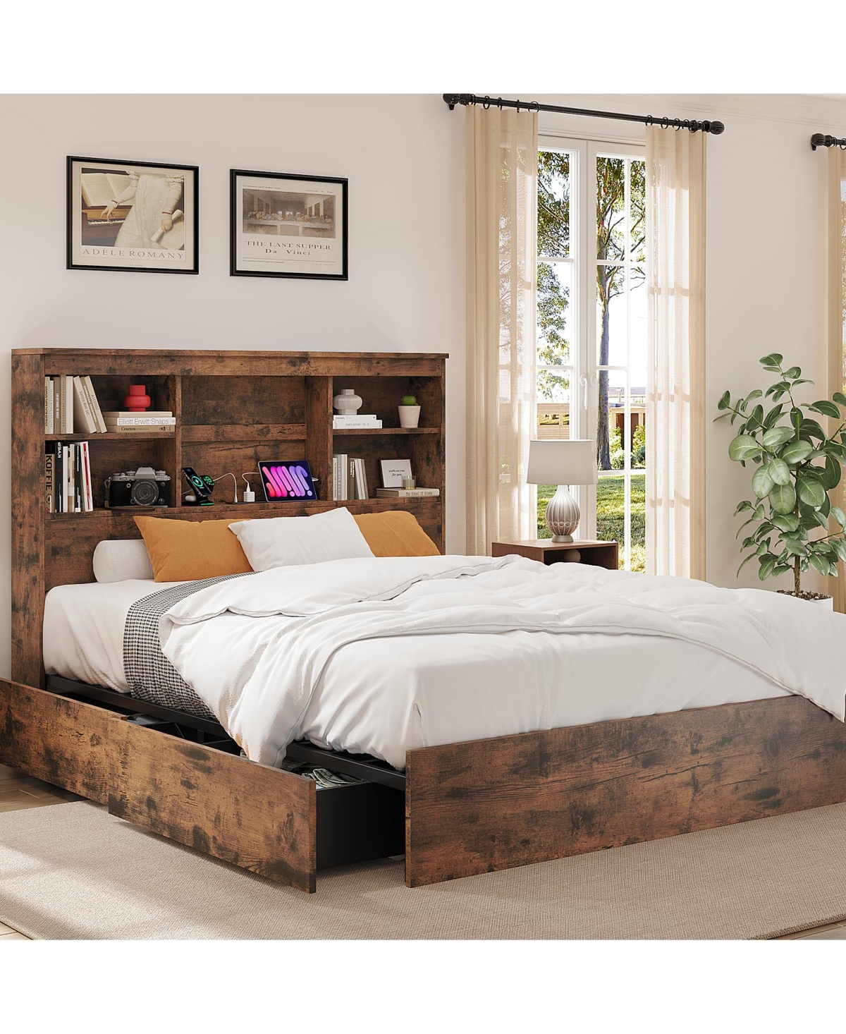 Click here for homfan Wood Bed Frame with Bookcase Headboard  4 S... prices