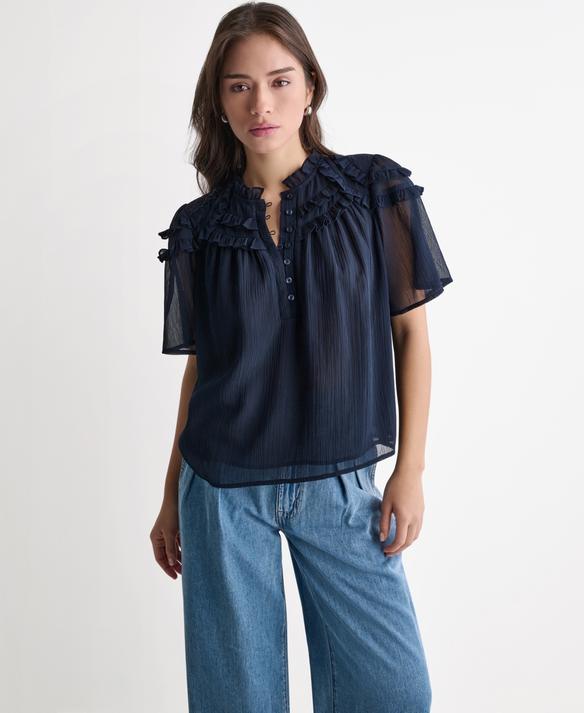 Click here for Bcbg Womens Crewneck Short-Sleeve Ruffle Top - Dee... prices
