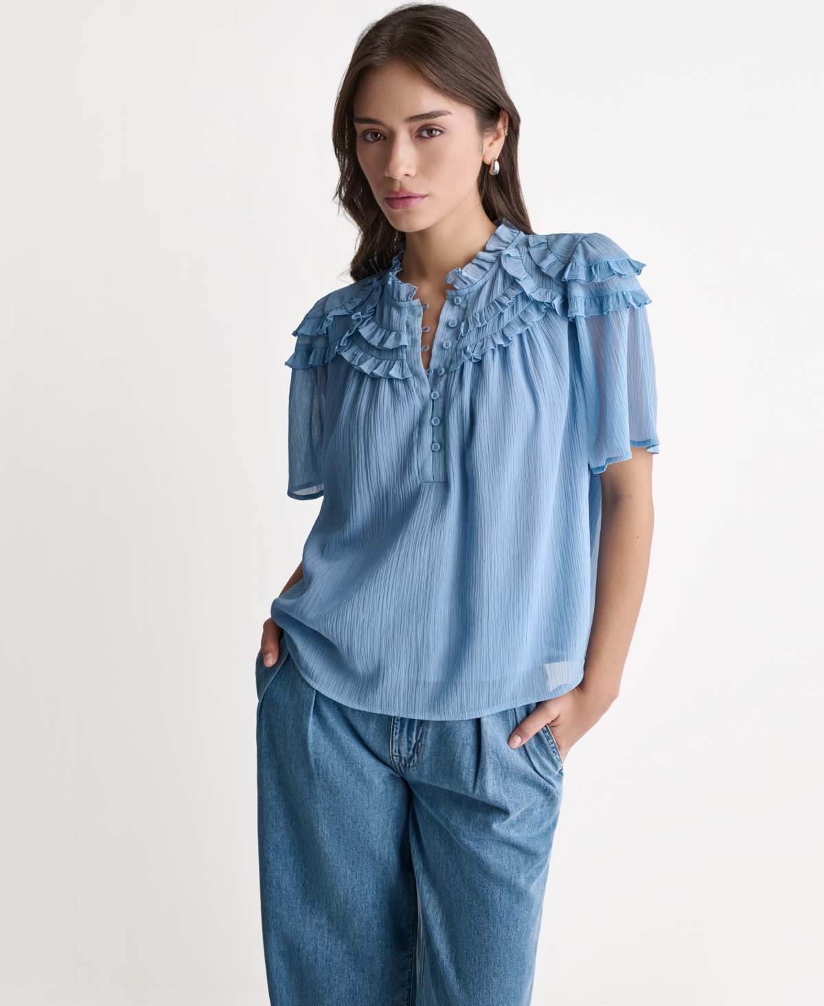 Click here for Bcbg Womens Crewneck Short-Sleeve Ruffle Top - Rai... prices