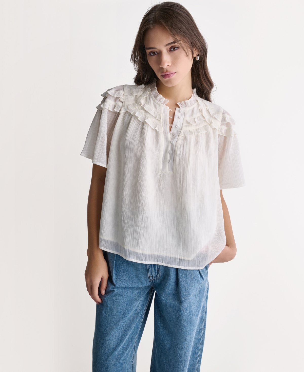 Click here for Bcbg Womens Crewneck Short-Sleeve Ruffle Top - Whi... prices