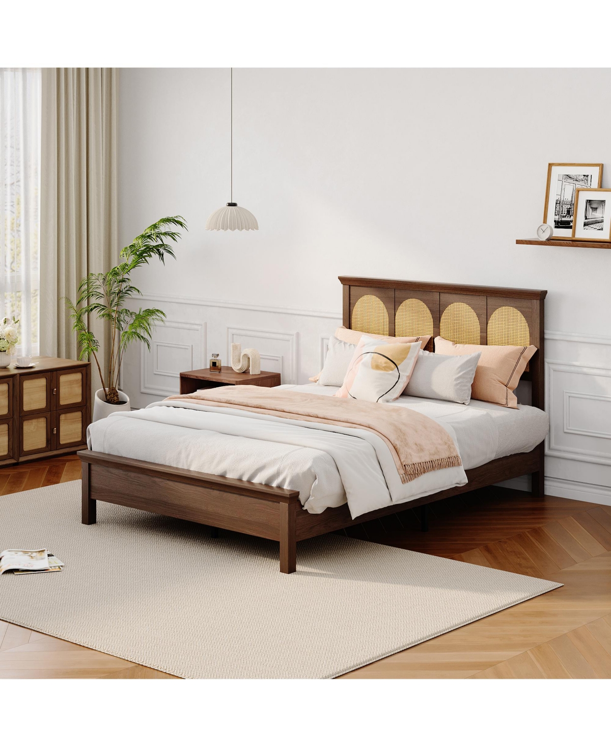 Click here for homfan Bed Frame with Rattan Headboard  Wooden Pla... prices