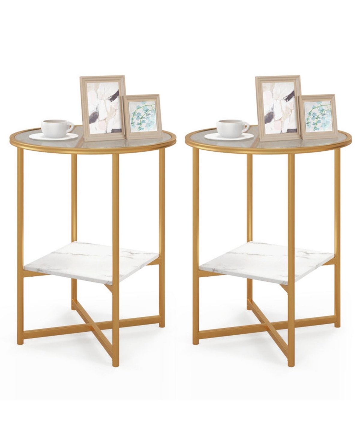Click here for Gouun 2-Tier Glass End Table Set of 2 Faux Marble... prices
