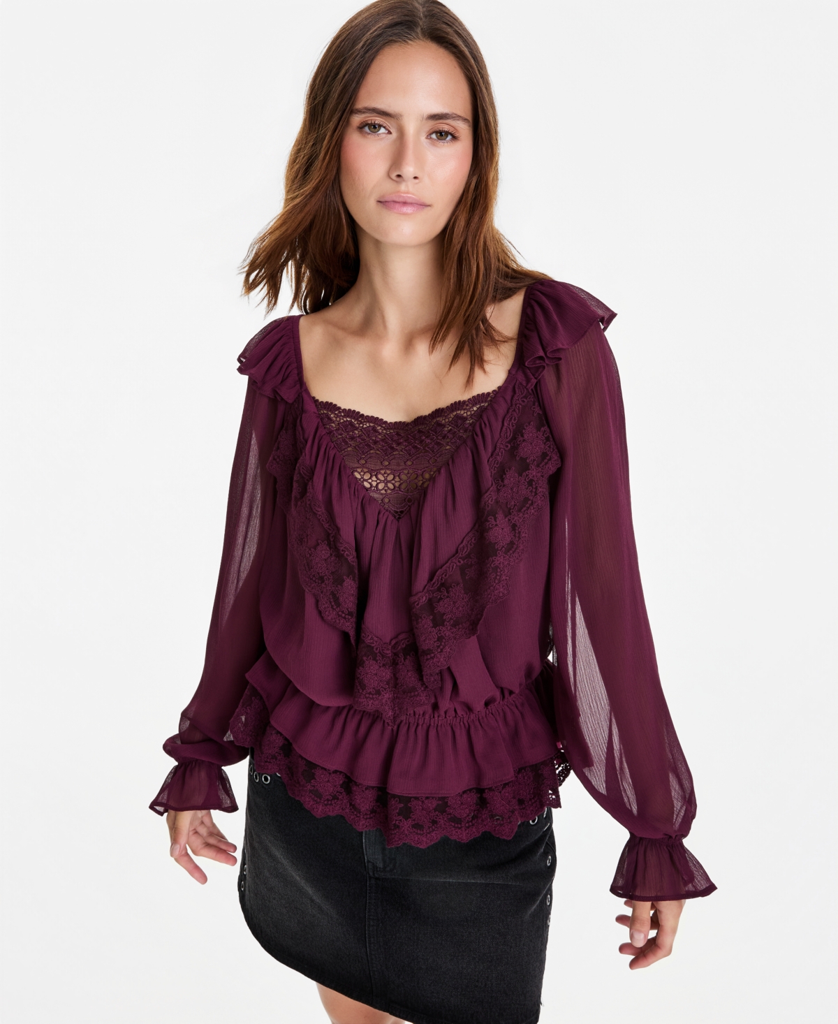 Click here for And Now This Womens Ruffle Long-Sleeve Lace-Trim T... prices