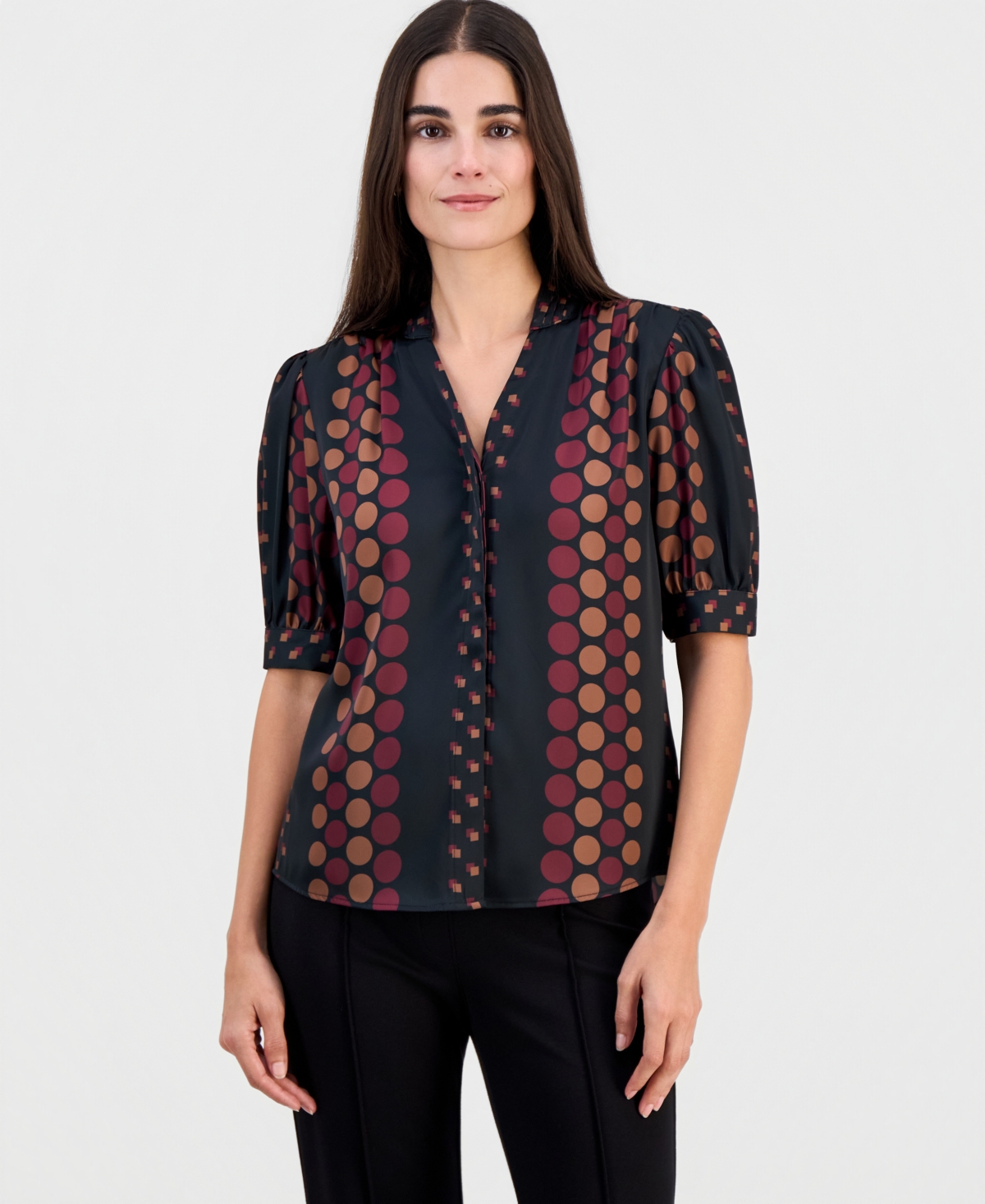 Click here for T Tahari Womens Printed Split-Neck Button-Down Blo... prices