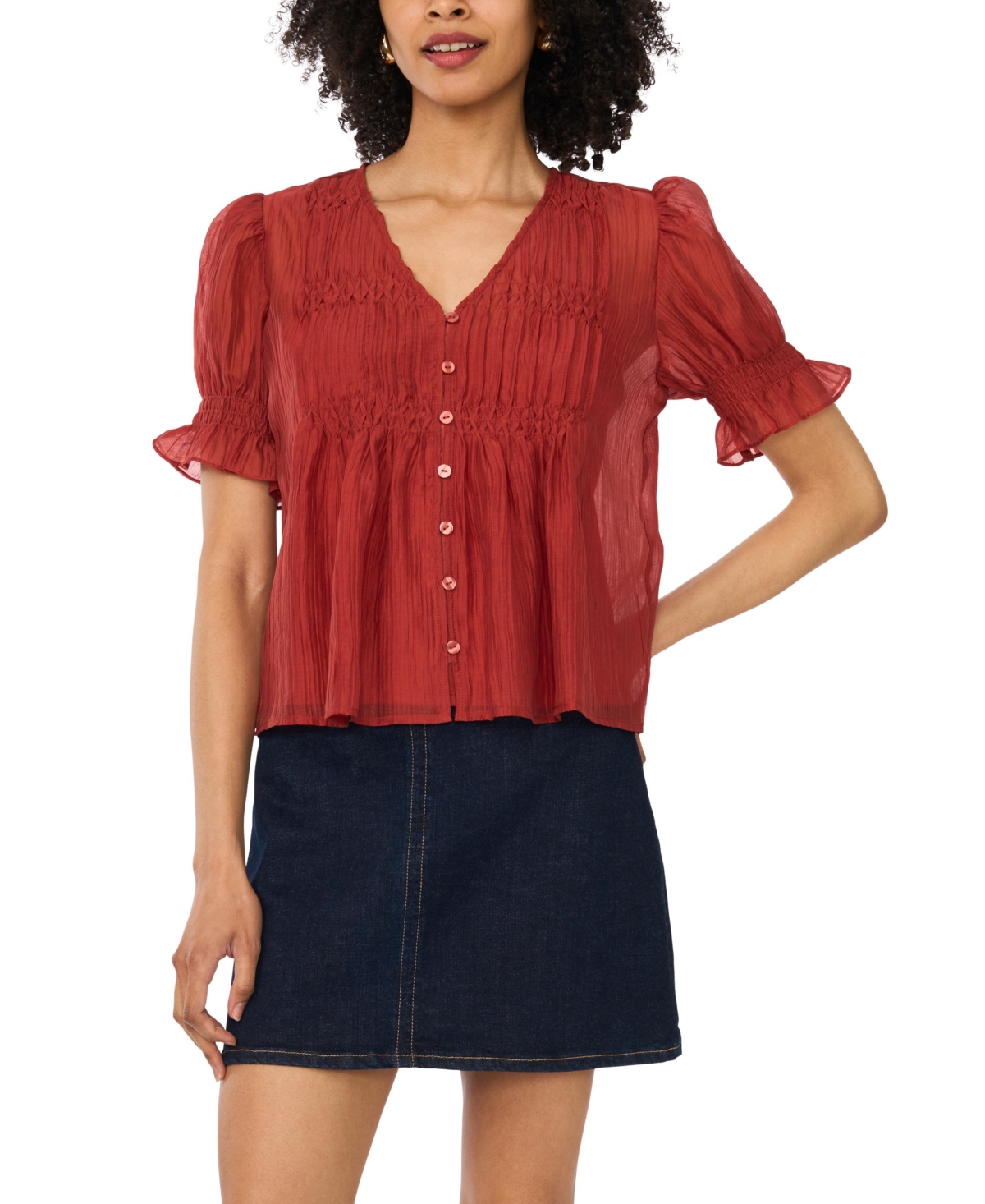 Click here for Vince Camuto Womens Pintuck Short-Sleeve Top - Rus... prices
